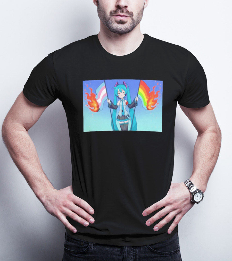 Anime Vocaloid Miku Holding Burning Transgender And Rainbow Flags Controversial Pride Month 2026 T-Shirt