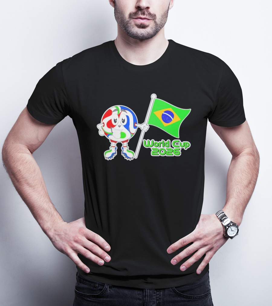 World Cup 2026 Cartoon Character With Brazil Flag Soccer Ball T-Shirt