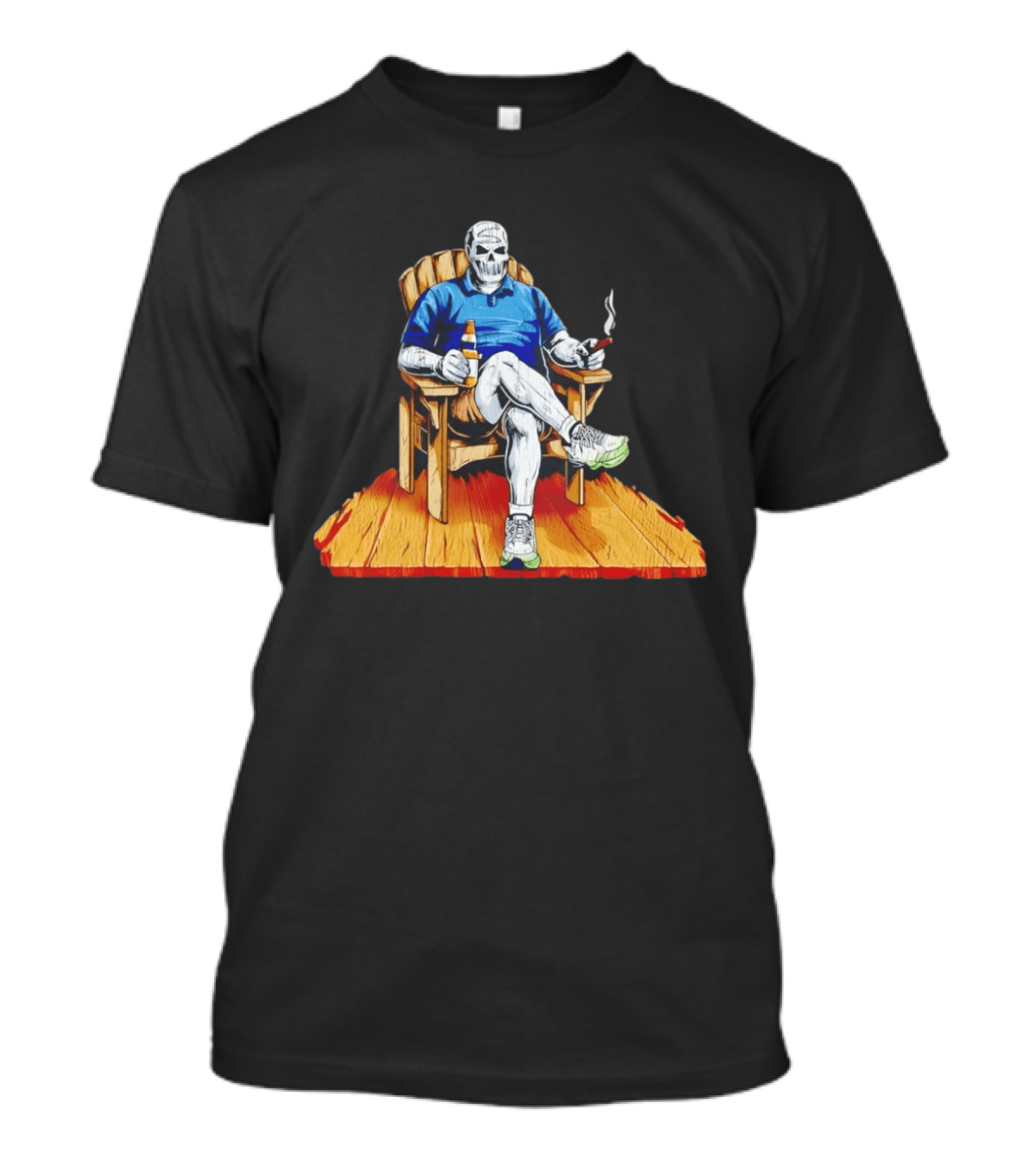 DarthBeards Skull Sitting In A Lawn Chair With Beer And Cigar T-Shirt
