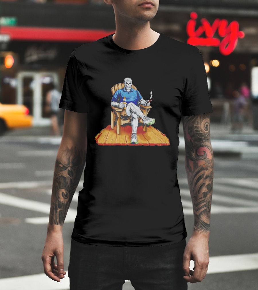 DarthBeards Skull Sitting In A Lawn Chair With Beer And Cigar T-Shirt