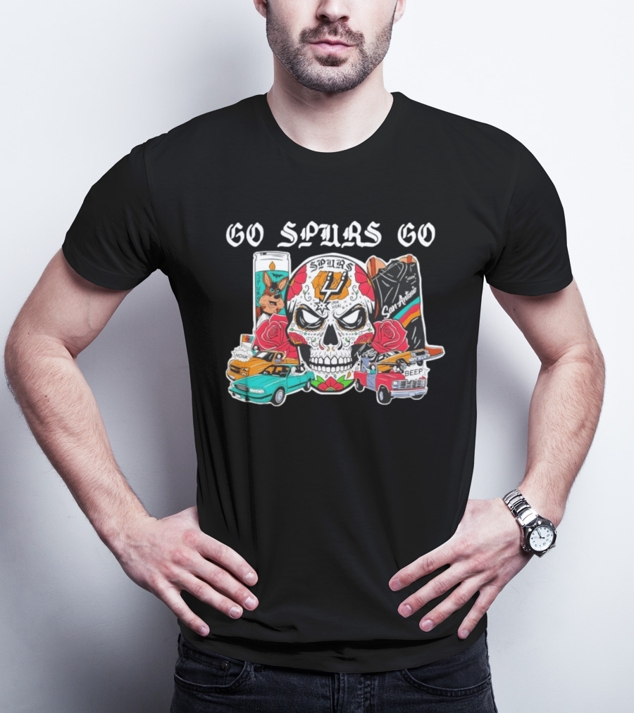 Go Spurs Go SAS Wemby Spurs The Alien Sugar Skull San Antonio Cars Roses T-Shirt