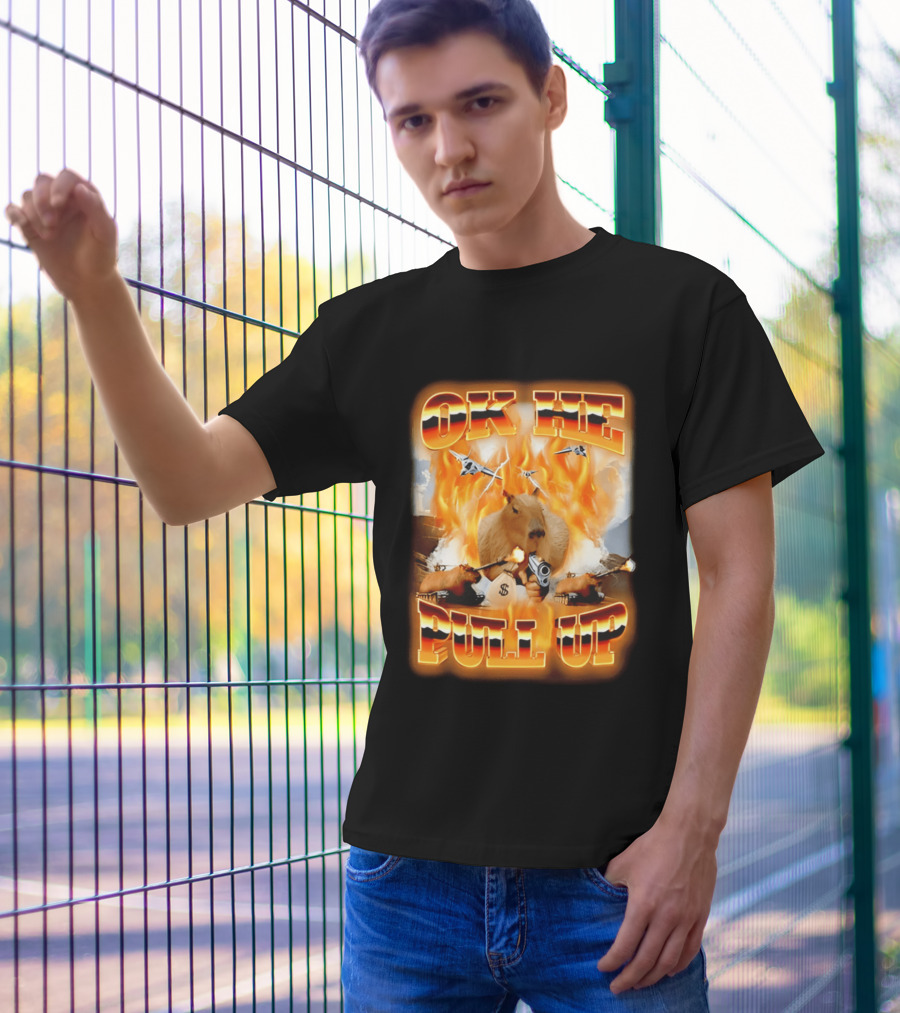 Ok He Pull Up Capybara Surrounded By Fire With Jets And Guns T-Shirt