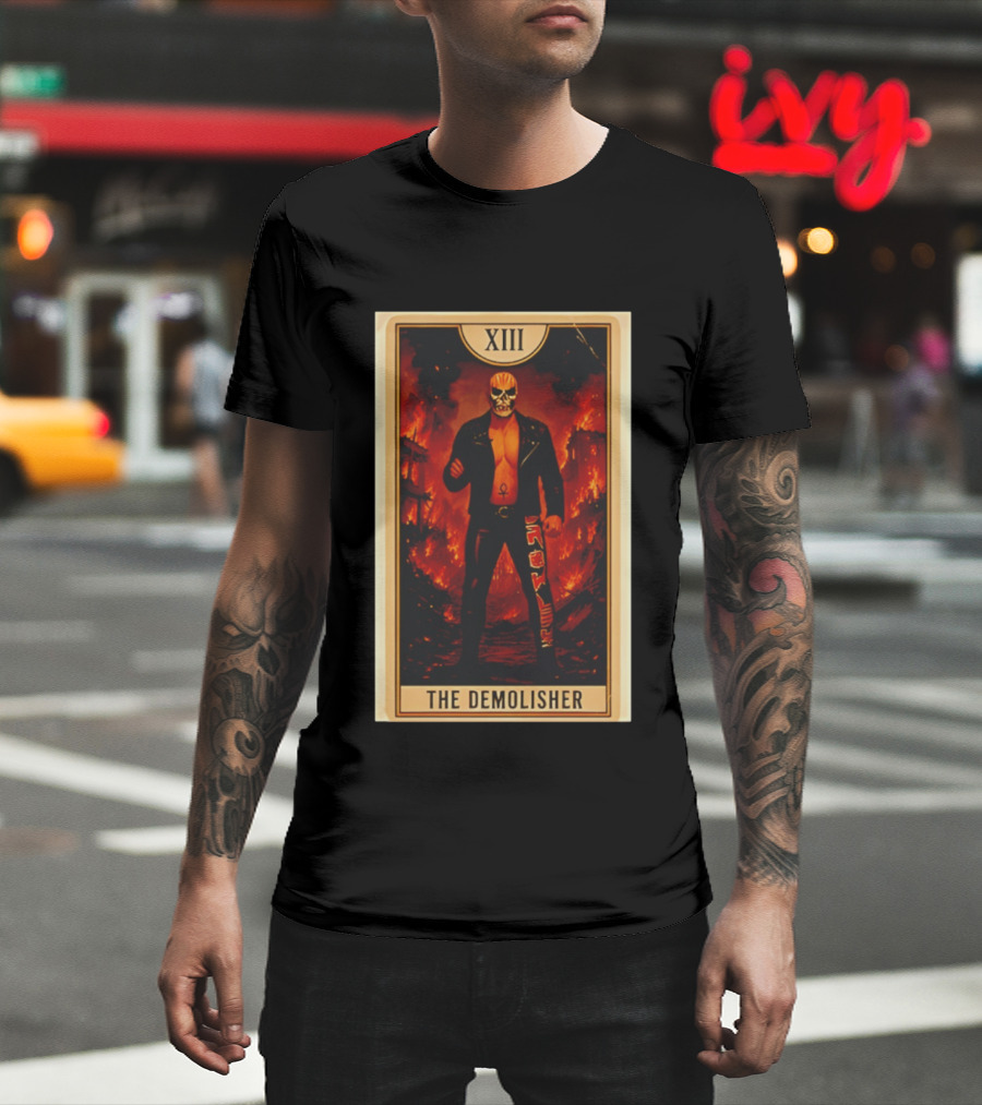 XIII The Demolisher Tarot Card Skull Masked Figure In Flames T-Shirt