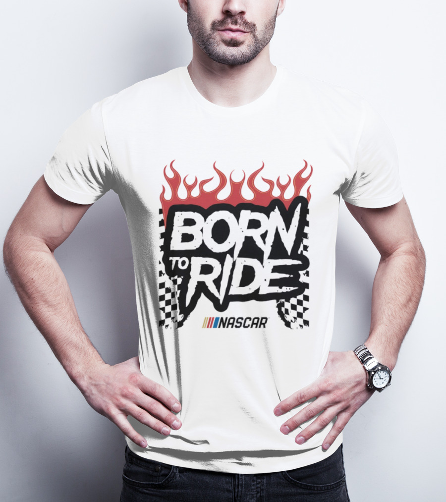 Born To Ride NASCAR Flames Checkered Flag Racing T-Shirt