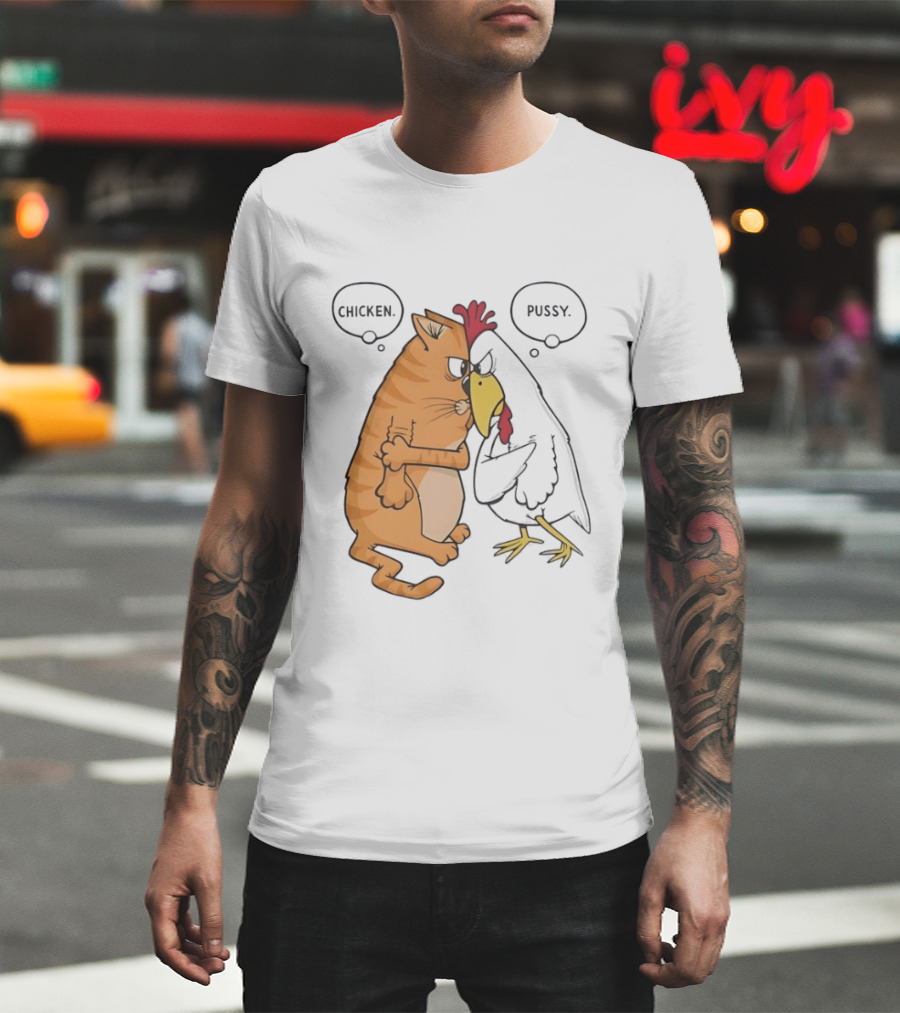 Chicken Pussy Standoff Cartoon Humor Confrontation T-Shirt