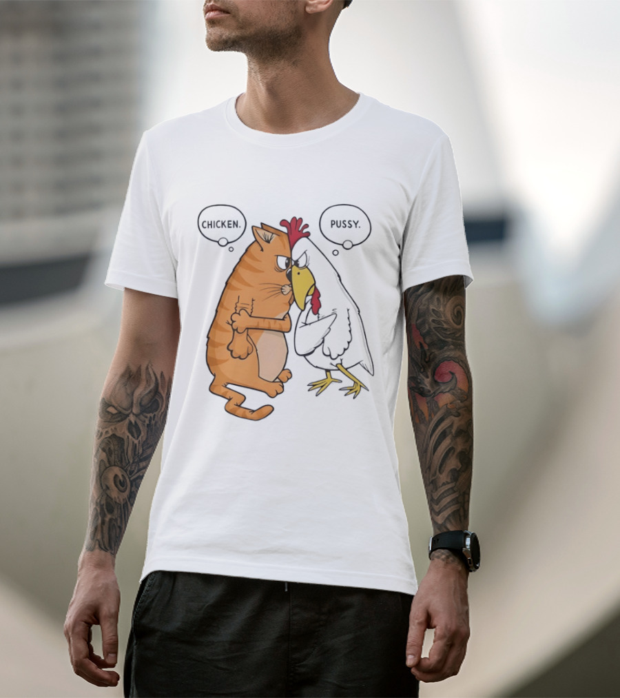 Chicken Pussy Standoff Cartoon Humor Confrontation T-Shirt