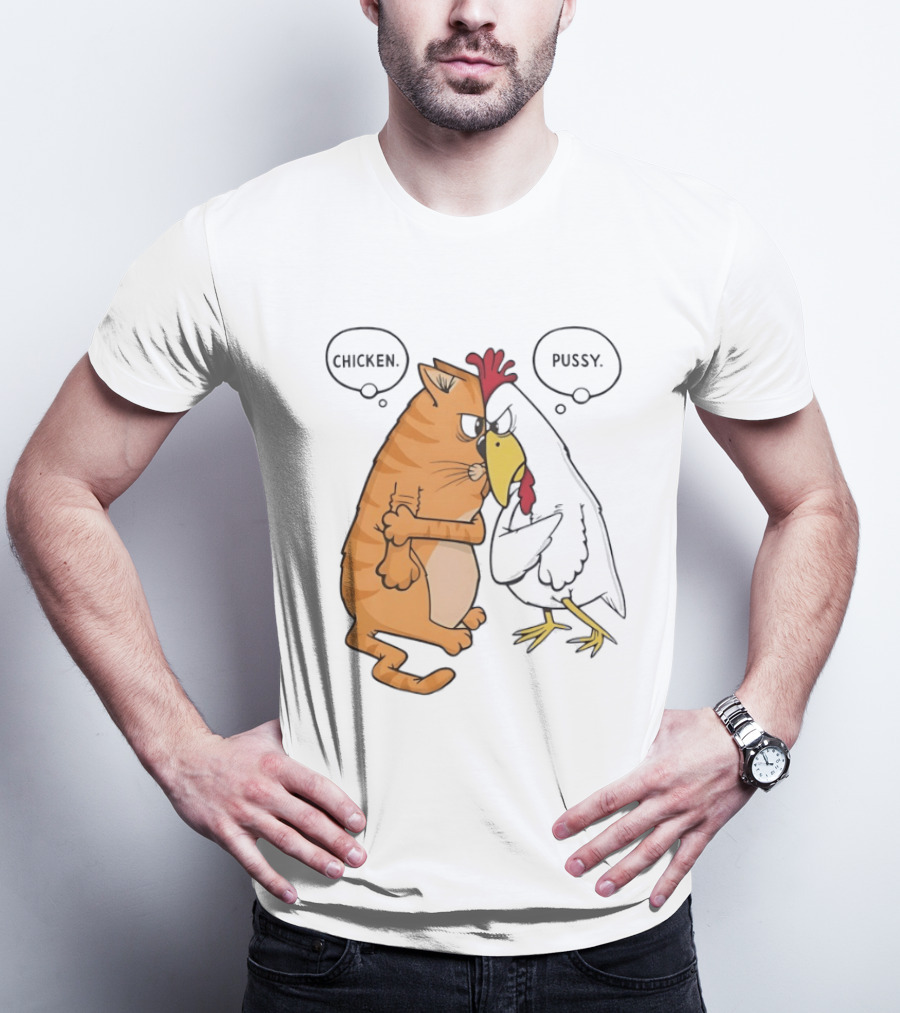 Chicken Pussy Standoff Cartoon Humor Confrontation T-Shirt