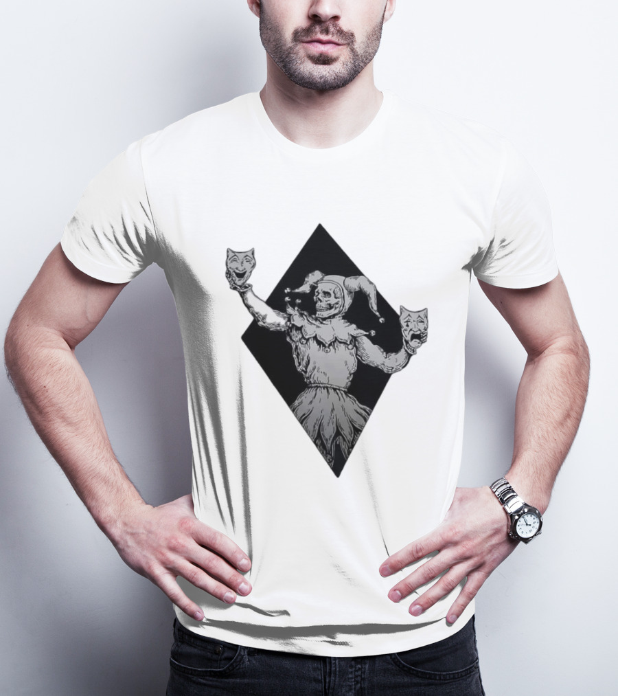 Skeleton Jester Holding Comedy And Tragedy Masks Medieval Gothic Costume T-Shirt
