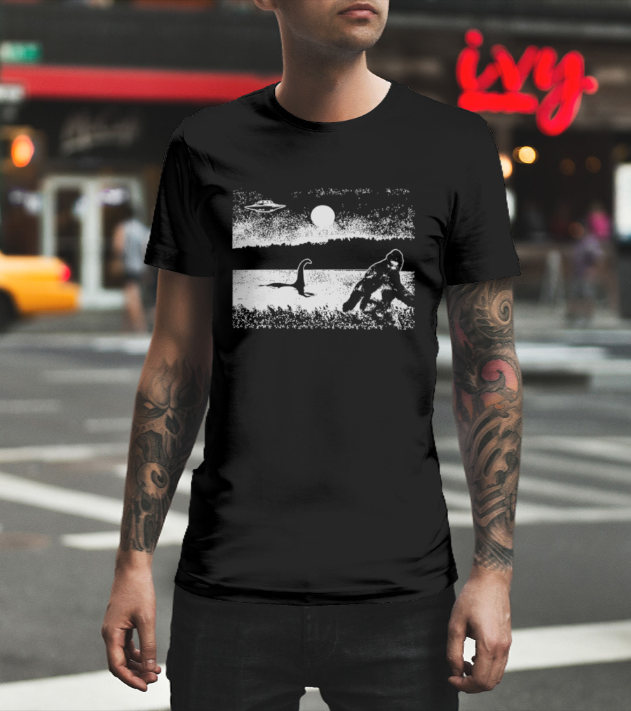 Bigfoot Nessie UFO Cryptid Creature Paranormal Mystery Nature Scene T-Shirt