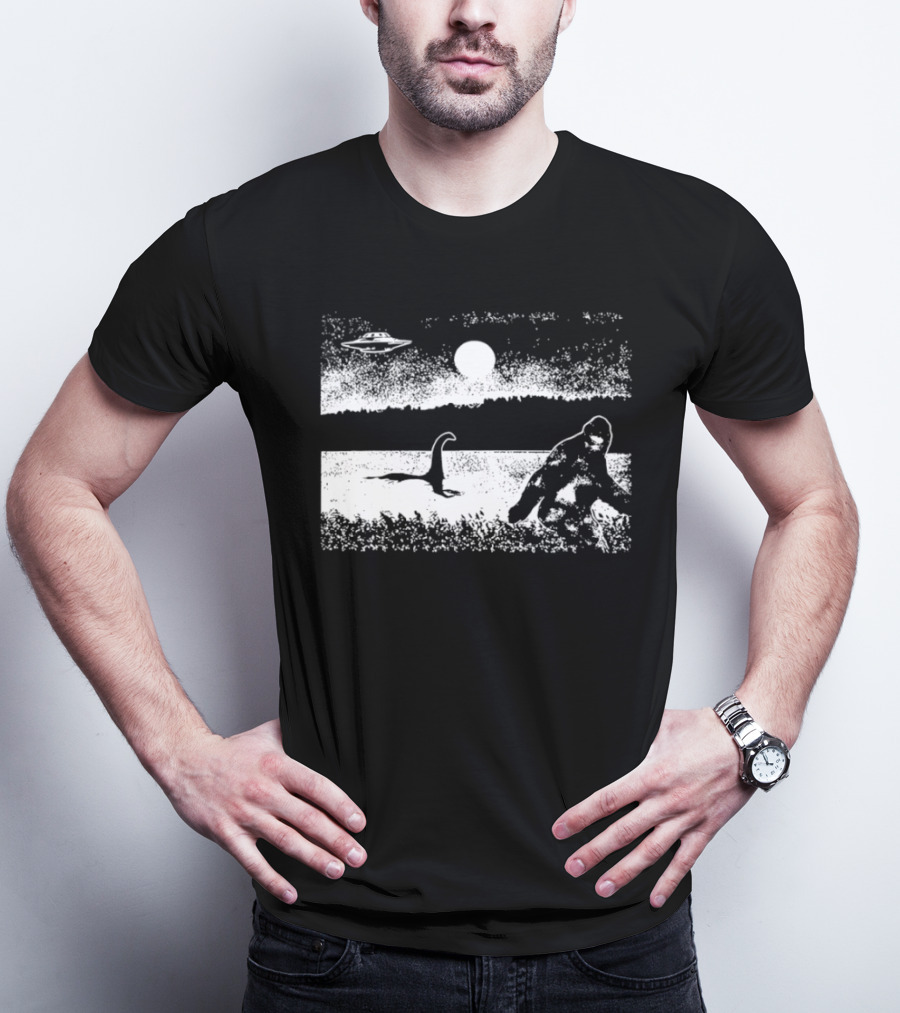 Bigfoot Nessie UFO Cryptid Creature Paranormal Mystery Nature Scene T-Shirt