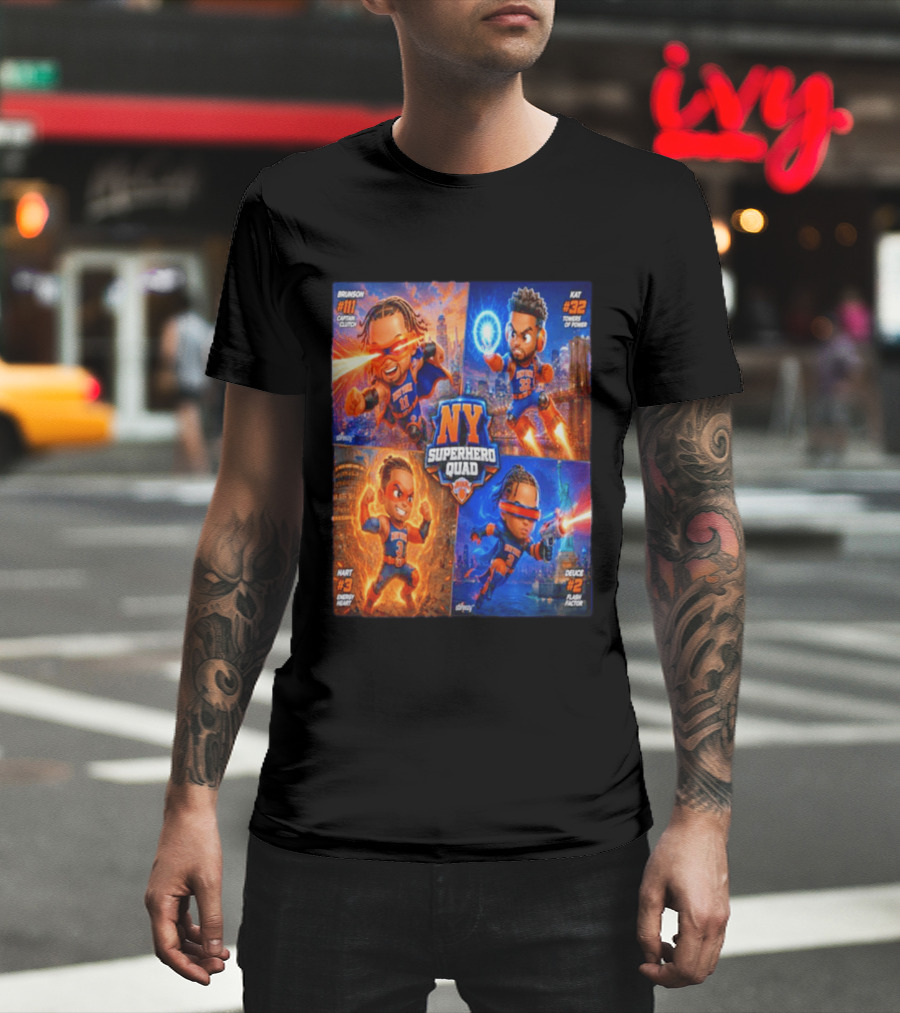 NY Superhero Quad Brunson Captain Clutch Hart Energy Heat Deuce Flash Factor Kat Towers Of Power T-Shirt
