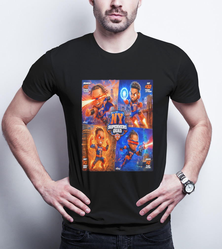 NY Superhero Quad Brunson Captain Clutch Hart Energy Heat Deuce Flash Factor Kat Towers Of Power T-Shirt