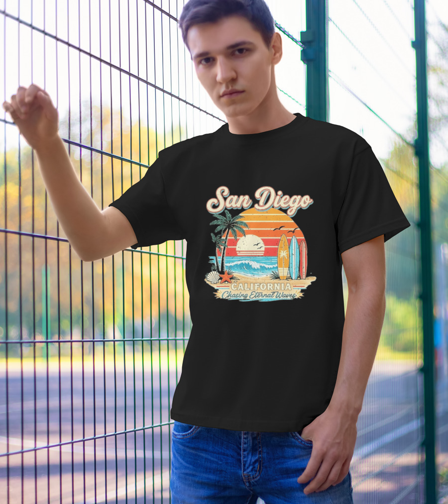 San Diego California Surfing Sunrise Chasing Eternal Waves Beach Vacation T-Shirt