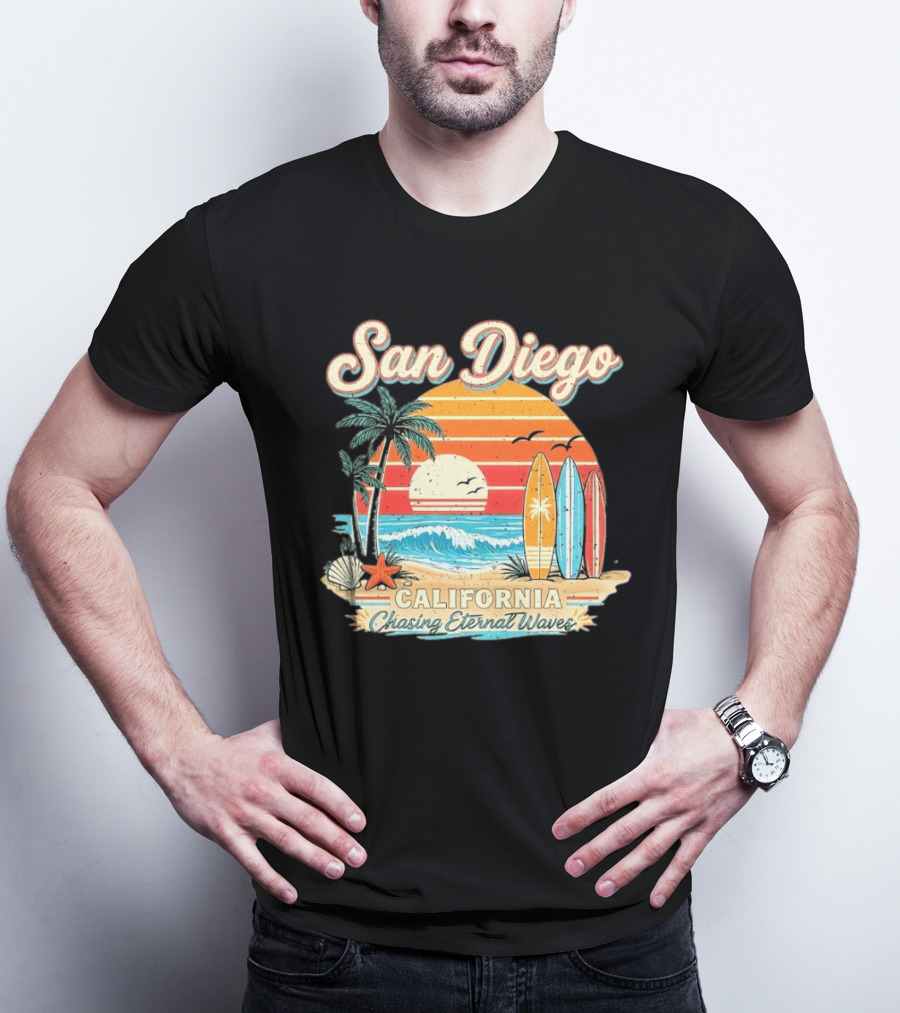 San Diego California Surfing Sunrise Chasing Eternal Waves Beach Vacation T-Shirt