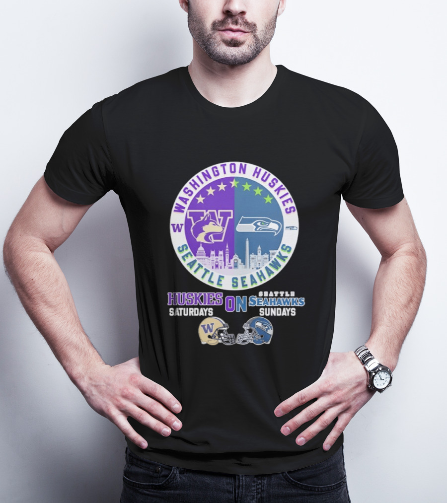 Washington Huskies Saturdays Seattle Seahawks Sundays Football Helmet Mashup T-Shirt