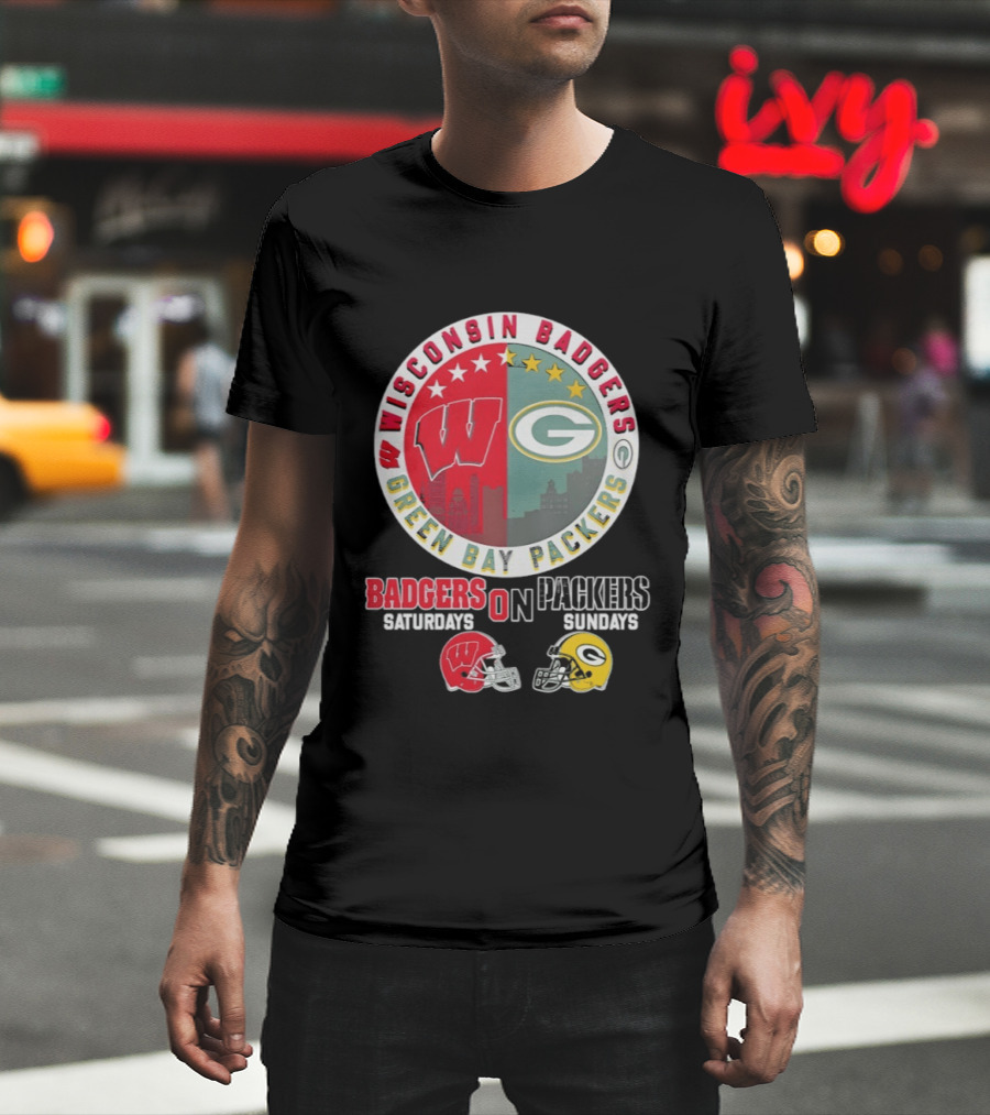 Wisconsin Badgers Green Bay Packers Saturdays Sundays Helmet Mashup T-Shirt