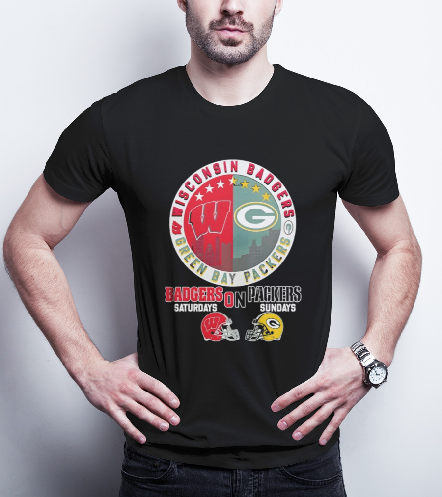 Wisconsin Badgers Green Bay Packers Saturdays Sundays Helmet Mashup T-Shirt