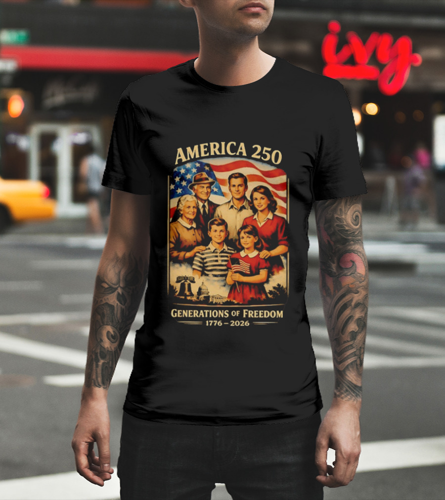 America 250 Generations Of Freedom 1776 2026 Vintage Family With Flag T-Shirt