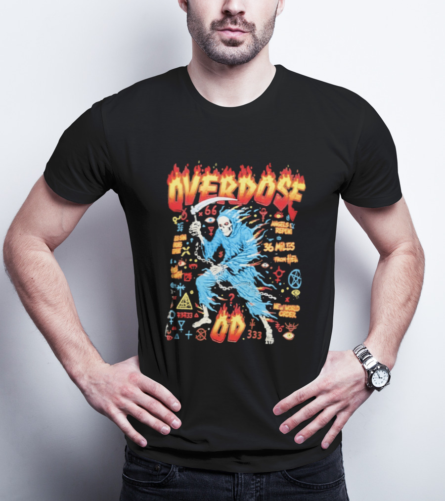 Overdose Grim Reaper Angels Repent 36 Miles From Hell 65 Neon New World Order OD 333 T-Shirt