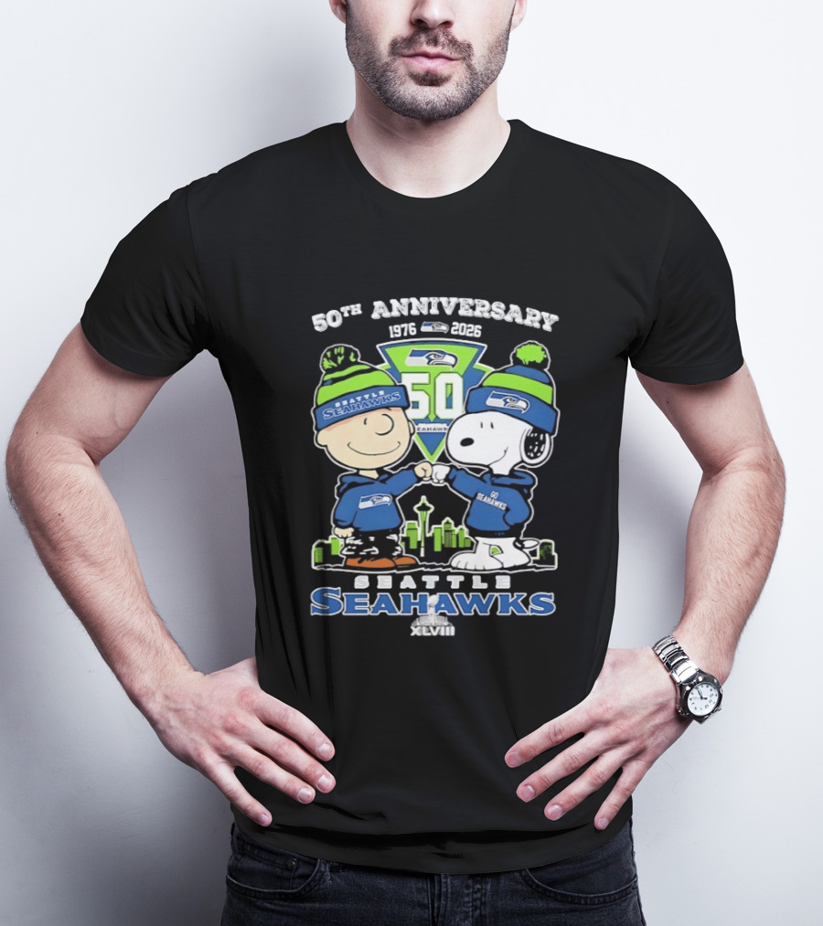 Charlie Brown Snoopy Fist Bump Seattle Seahawks 50th Anniversary Skyline 1976 2026 T-Shirt