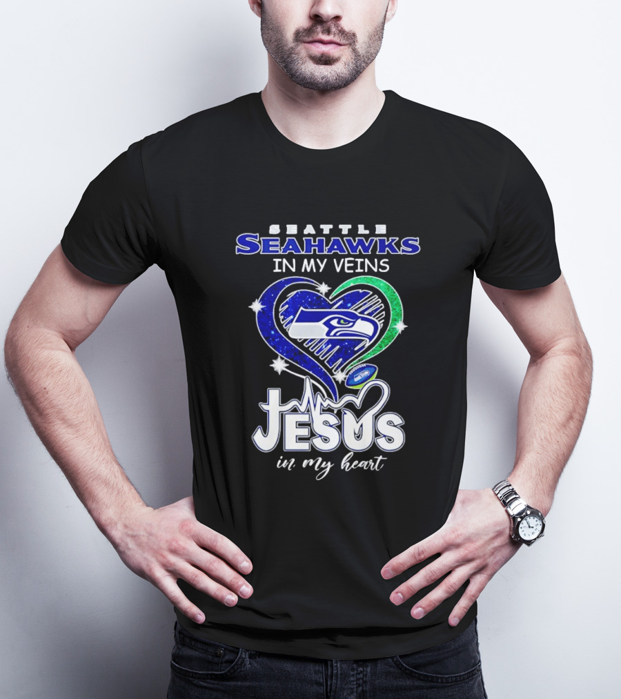 Seattle Seahawks In My Veins Jesus In My Heart Diamond Heartbeat T-Shirt
