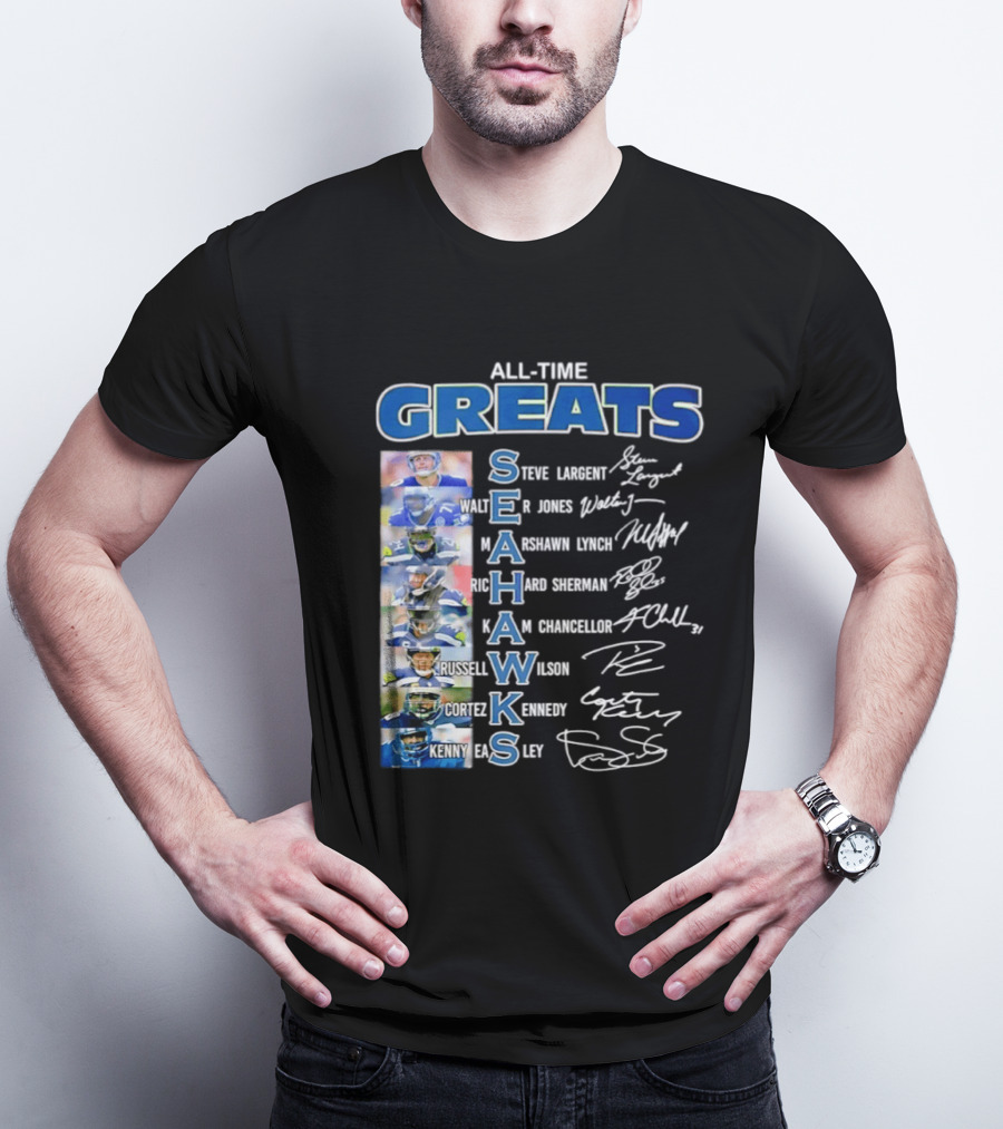 All Time Greats Seattle Seahawks Steve Largent Walter Jones Russell Wilson Legion Of Boom T-Shirt