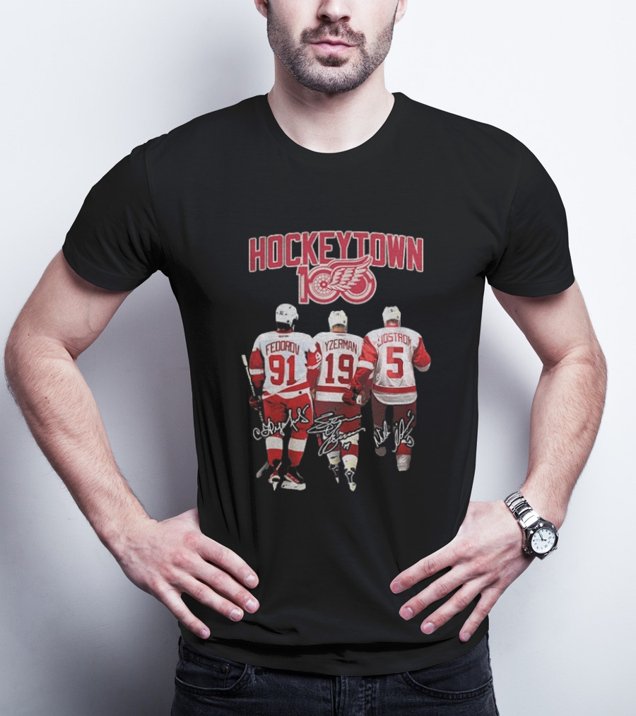 Hockeytown 100 Detroit Red Wings Fedorov Yzerman Lidstrom Signatures 91 19 5 T-Shirt