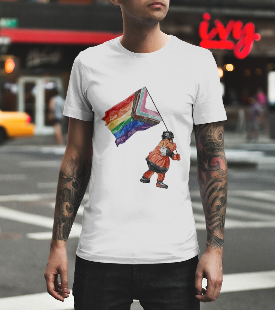 Philadelphia Hockey Mascot Holding Progress Pride Flag T-Shirt
