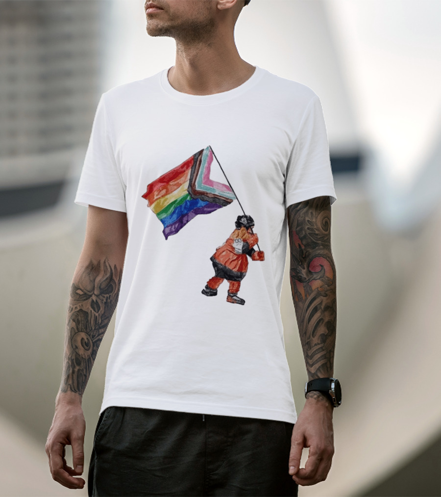 Philadelphia Hockey Mascot Holding Progress Pride Flag T-Shirt