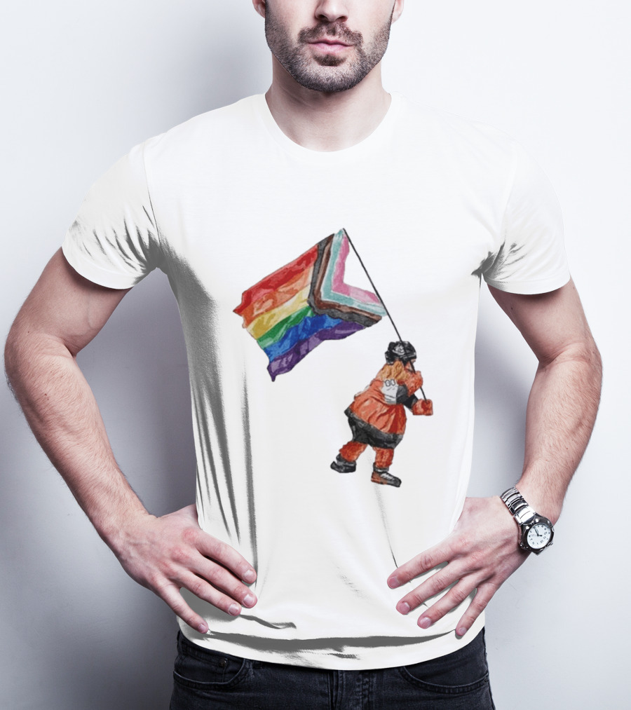 Philadelphia Hockey Mascot Holding Progress Pride Flag T-Shirt