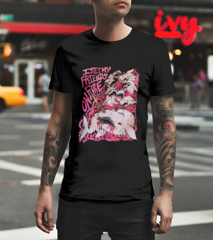 I Set My Friends On Fire Narwhal Pink And White T-Shirt