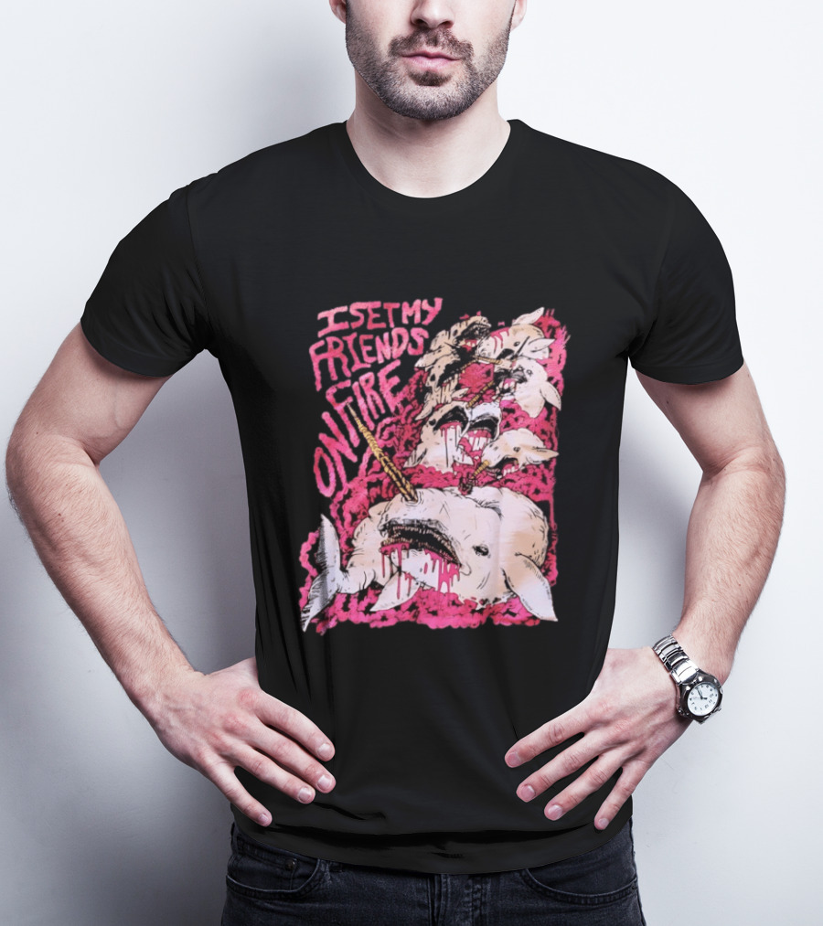 I Set My Friends On Fire Narwhal Pink And White T-Shirt