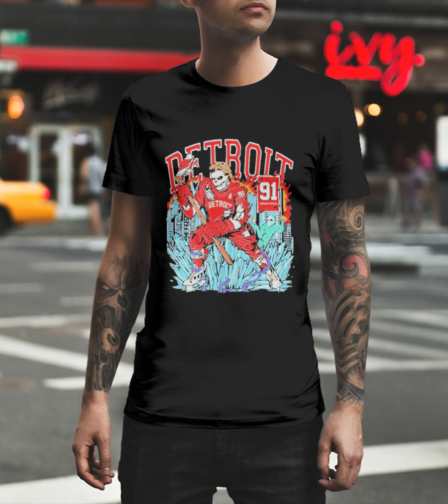Detroit Hockey 91 Skeleton Player Red Jersey Cityscape Flame T-Shirt