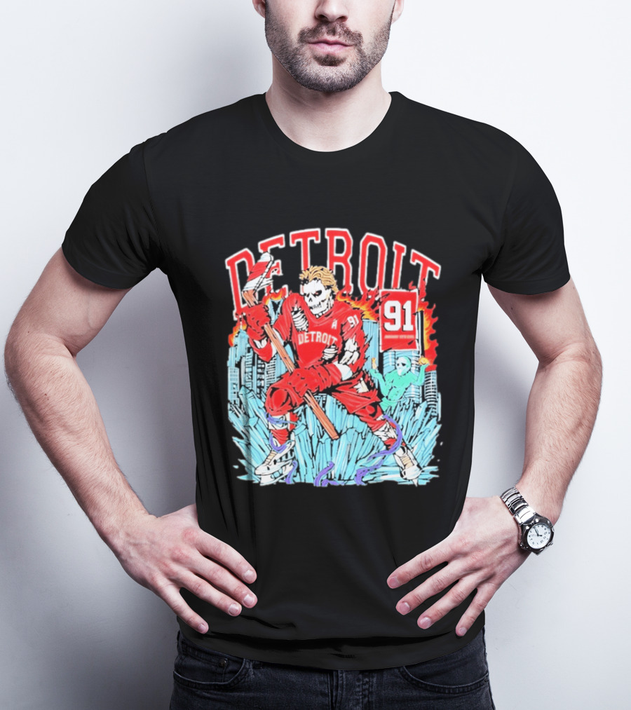 Detroit Hockey 91 Skeleton Player Red Jersey Cityscape Flame T-Shirt