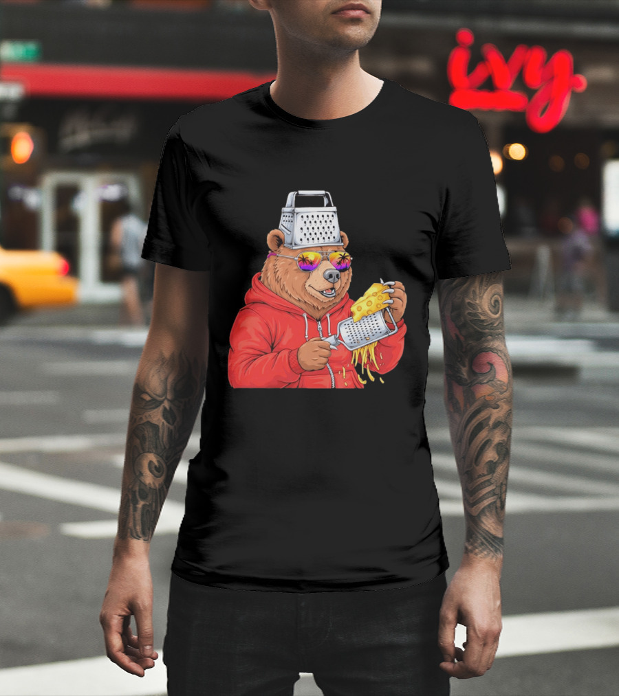 Bear With Cheese Grater Hat And Sunglasses With Bright Palm Tree Reflection T-Shirt