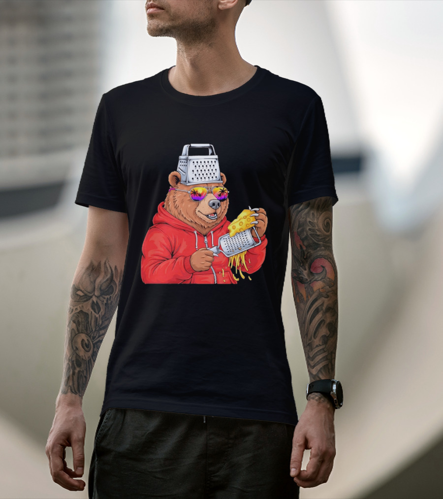 Bear With Cheese Grater Hat And Sunglasses With Bright Palm Tree Reflection T-Shirt