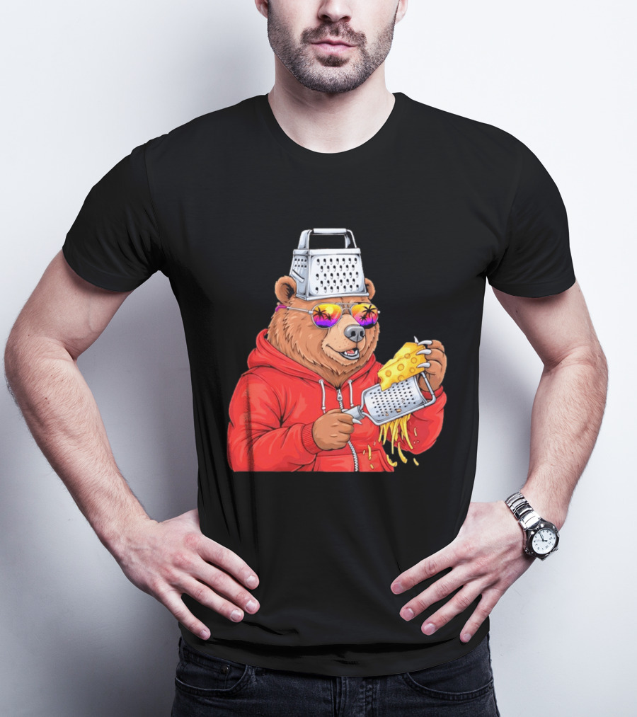 Bear With Cheese Grater Hat And Sunglasses With Bright Palm Tree Reflection T-Shirt