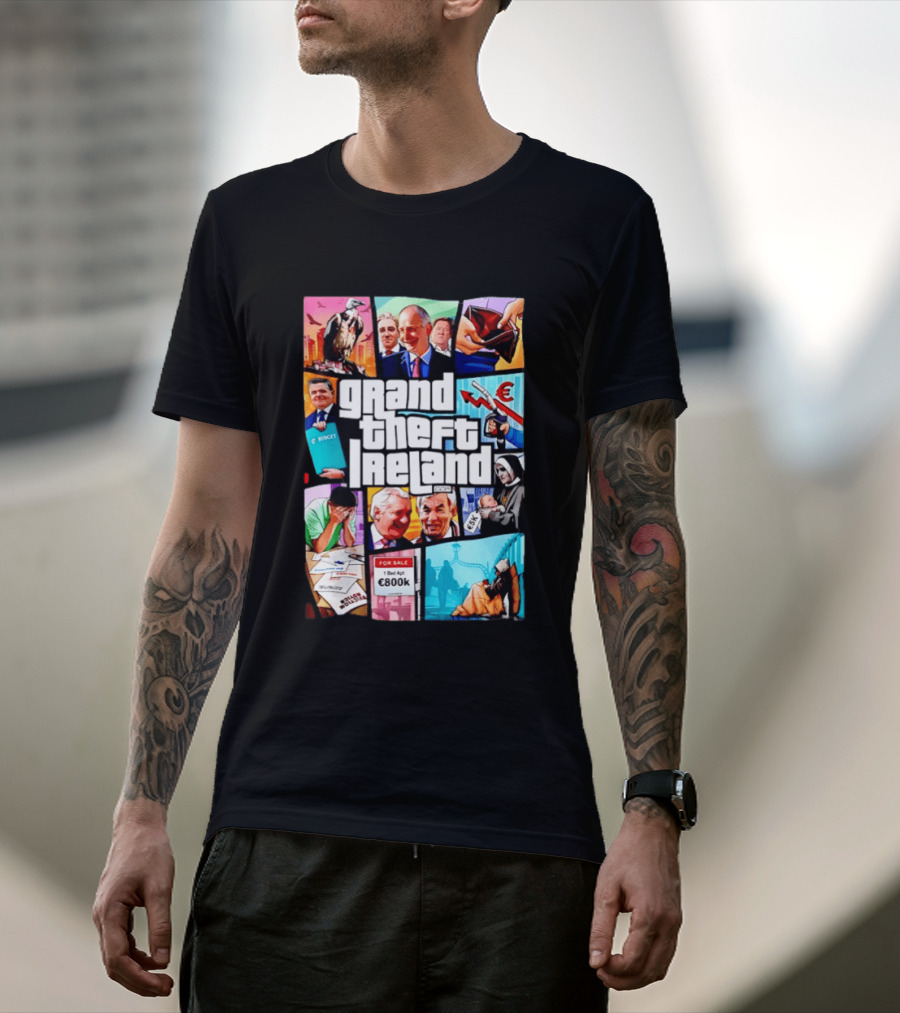 Grand Theft Ireland GTA 5 Parody Satire Style Illustration Irish Economy Politics Humor T-Shirt