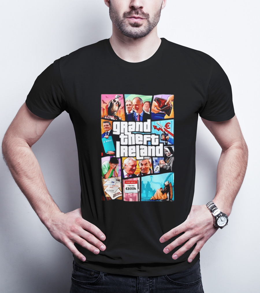 Grand Theft Ireland GTA 5 Parody Satire Style Illustration Irish Economy Politics Humor T-Shirt