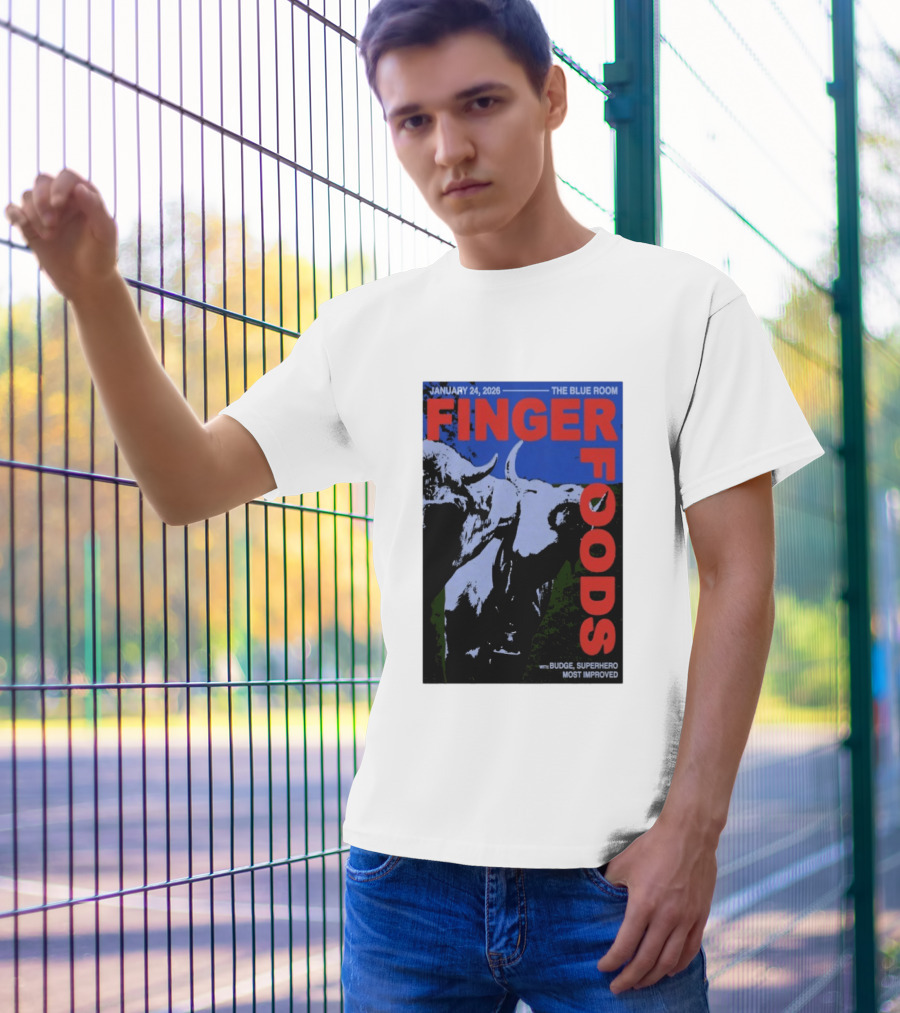 January 24 2026 Finger Foods The Blue Room Budge Superhero Most Improved T-Shirt