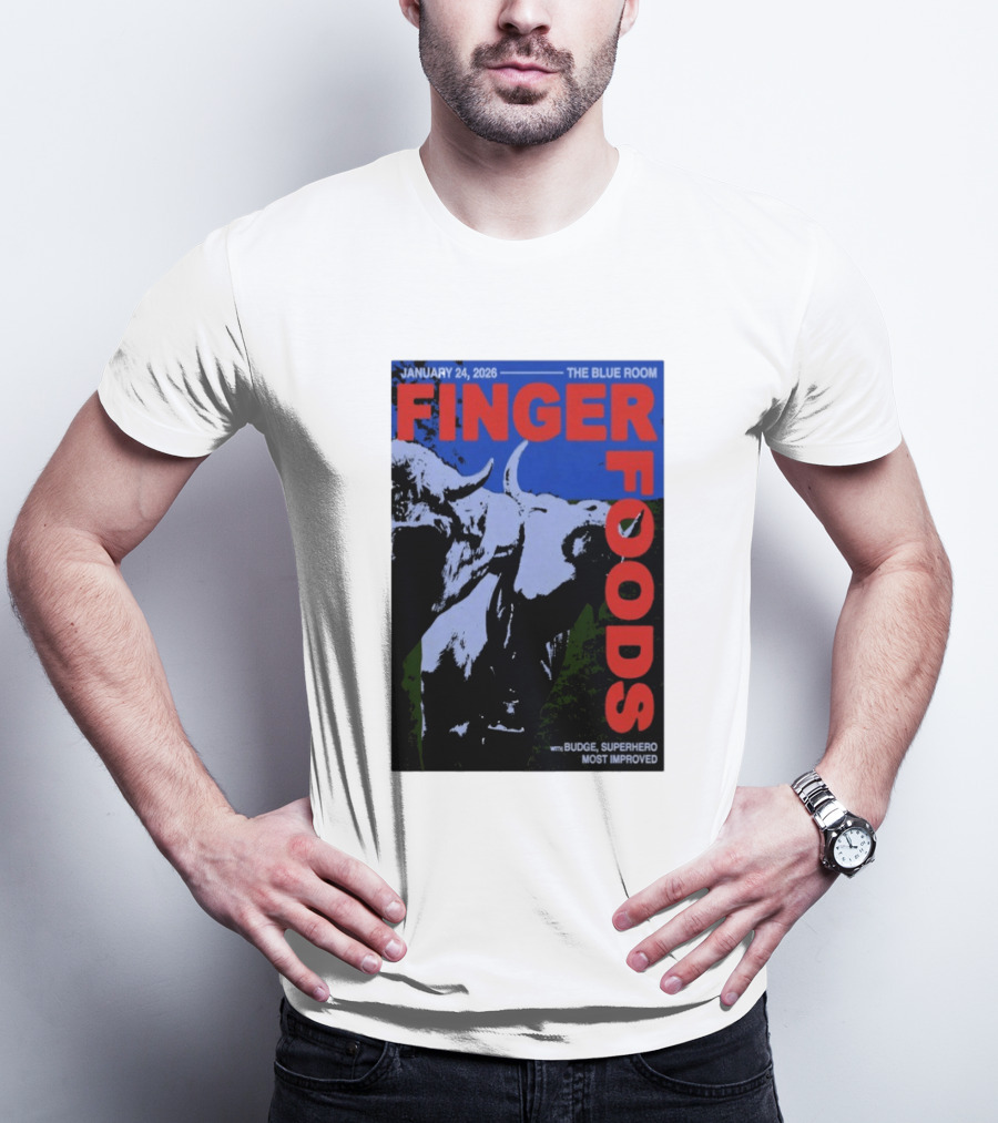 January 24 2026 Finger Foods The Blue Room Budge Superhero Most Improved T-Shirt