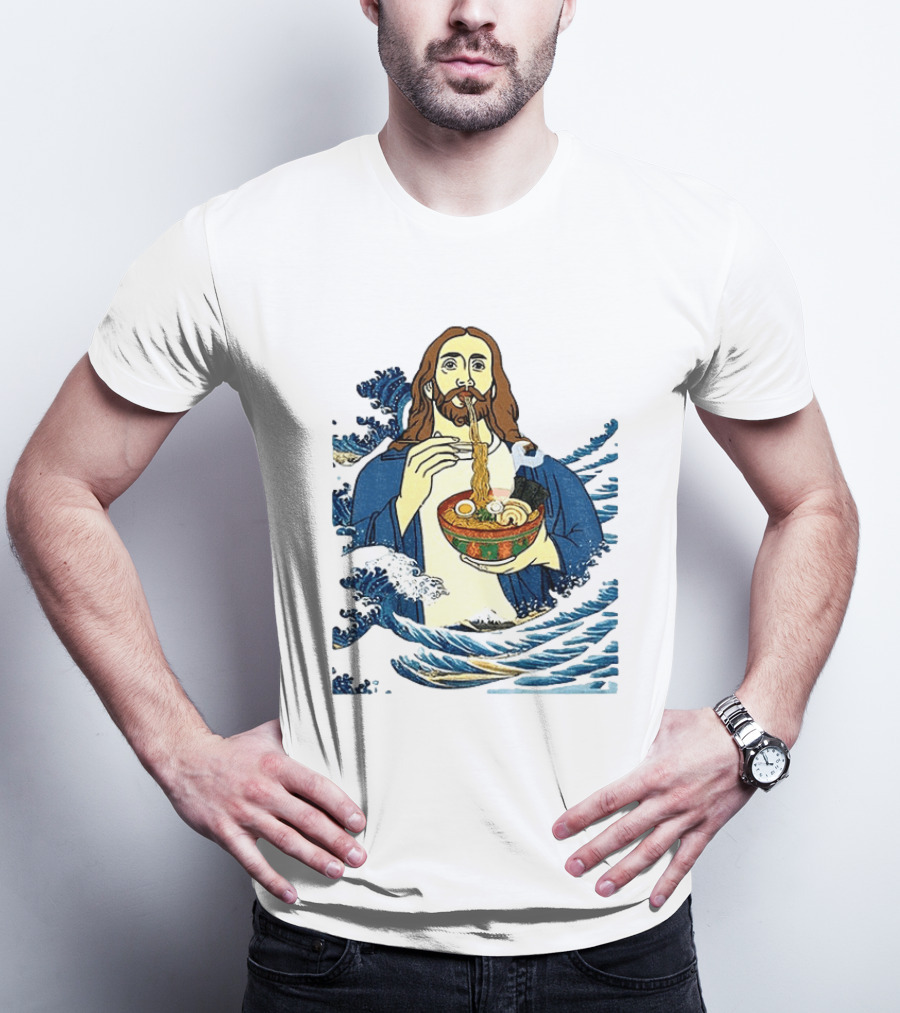 God Eats Ramen Jesus Wave Meme With Bowl Of Noodles T-Shirt