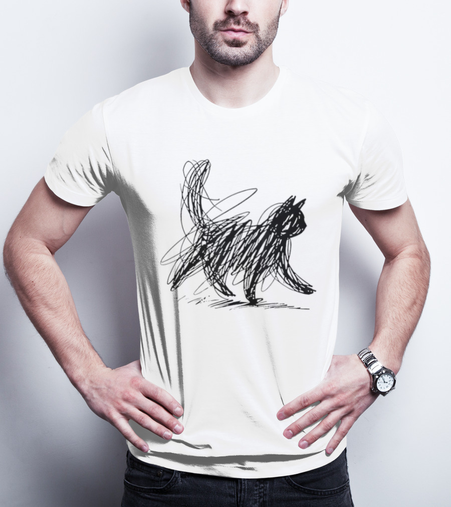 Minimalist Cat Scribble Sketch T-Shirt