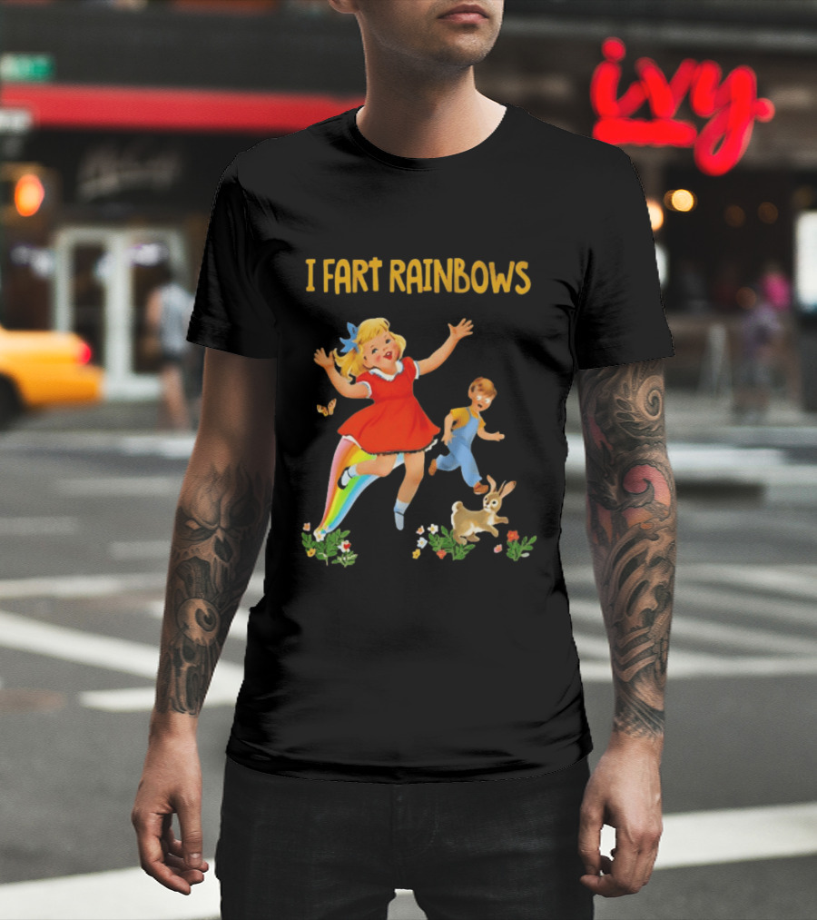 I Fart Rainbows Vintage Retro Kids Playing Butterflies Rabbits Flowers T-Shirt