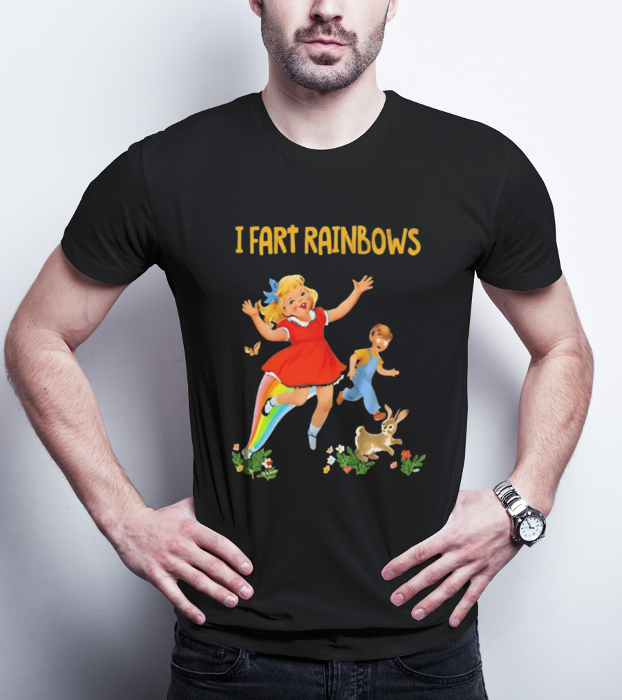 I Fart Rainbows Vintage Retro Kids Playing Butterflies Rabbits Flowers T-Shirt