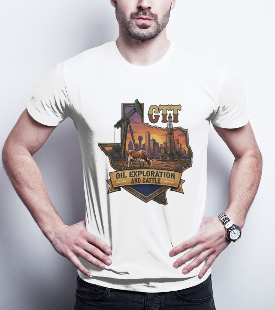 Texas CTT Oil Exploration Cattle Sunset Skyline T-Shirt