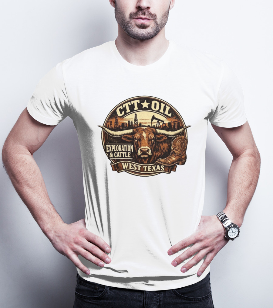 CTT Oil Exploration And Cattle West Texas Longhorn Boot Iconography T-Shirt