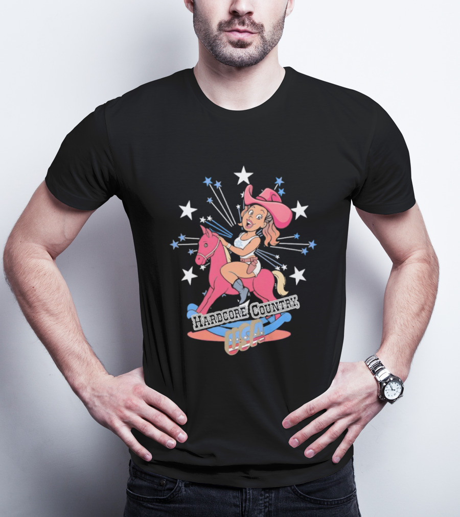 Hardcore Country USA Cowgirl Riding Pink Horse With Stars T-Shirt