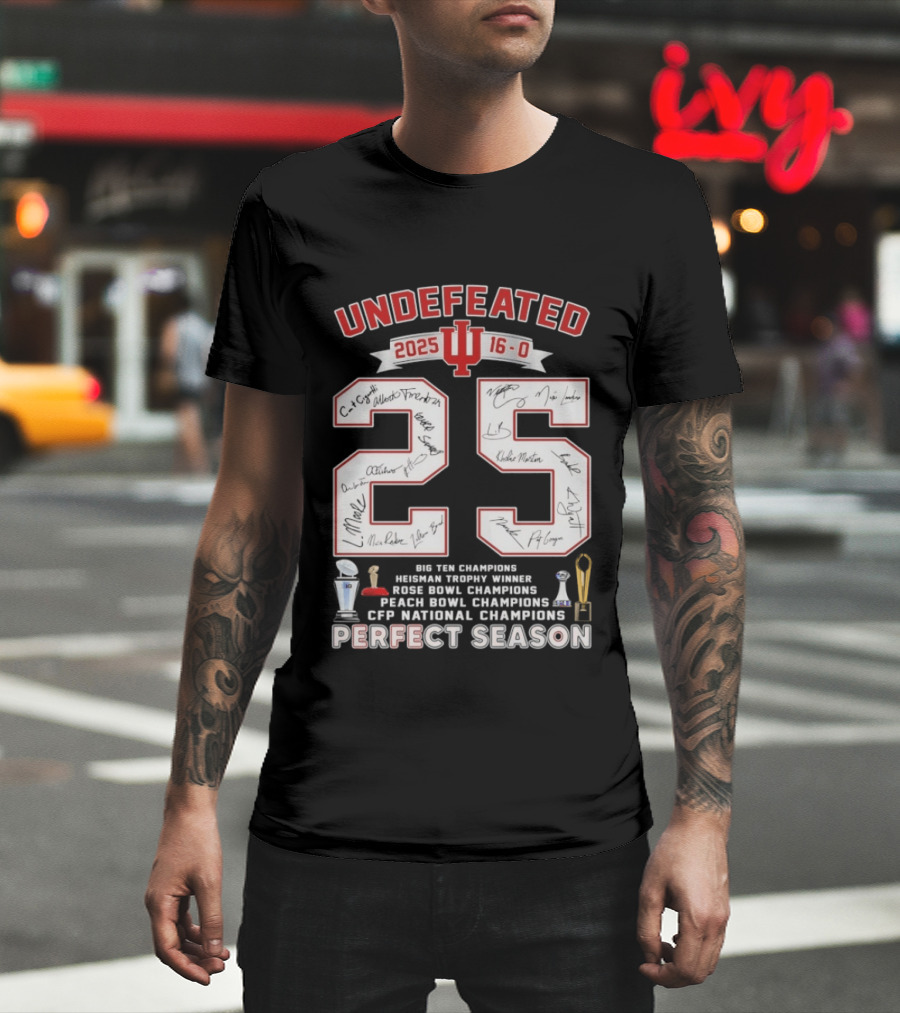 Indiana Hoosiers 2025 Undefeated 16 0 Perfect Season Champions Rose Bowl Peach Bowl CFP National Champions T-Shirt