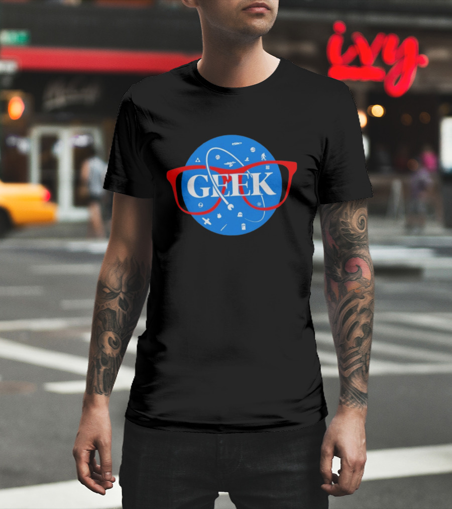 Geek Glasses Space Icons Distressed Patch T-Shirt